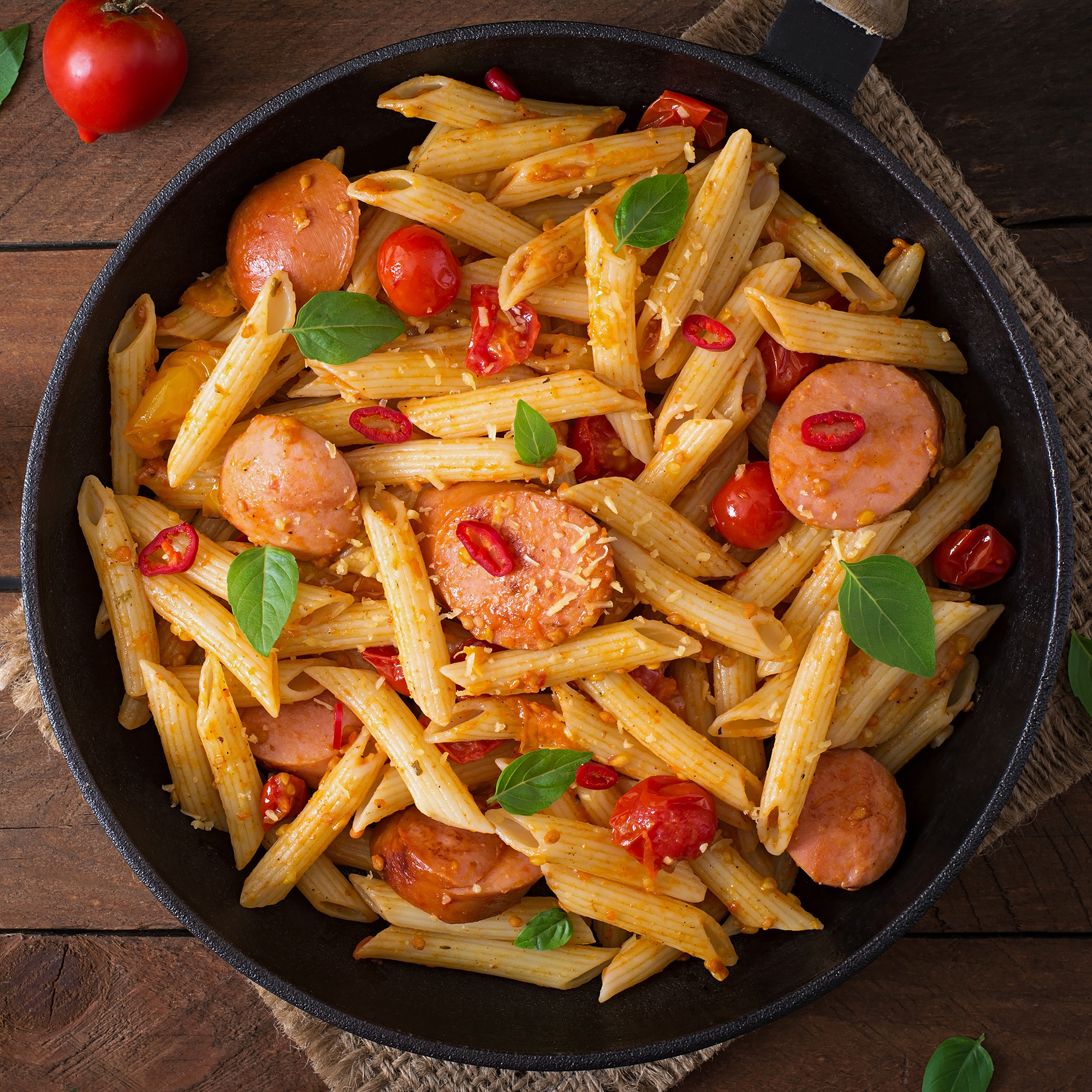 Massa Penne com Salsicha, Tomate e Manjericão - Izidoro